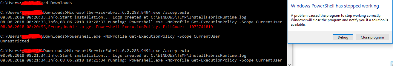 MicrosoftServiceFabric.6.2.283.9494.exe installation error - PowerShell ...