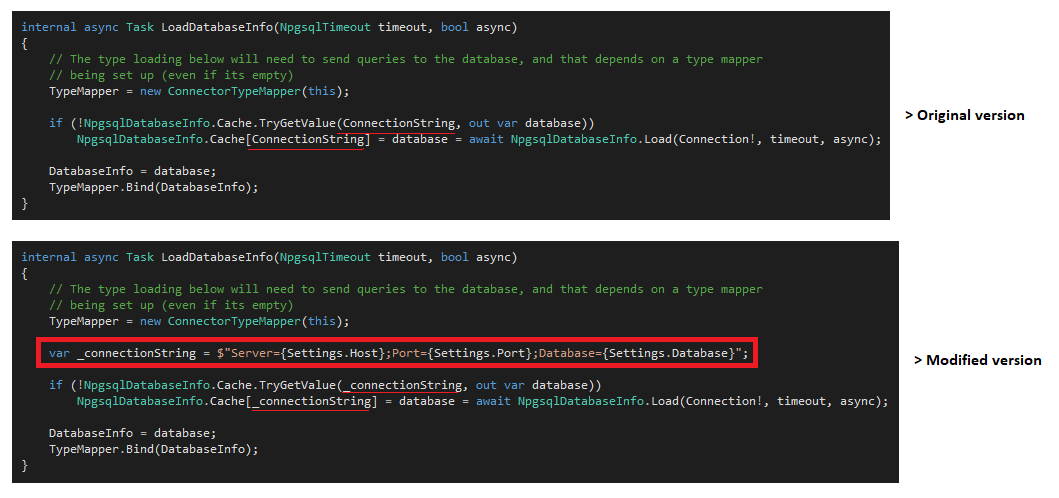 Cache DatabaseInfo on host/port/database instead of on the entire connection string · Issue ...