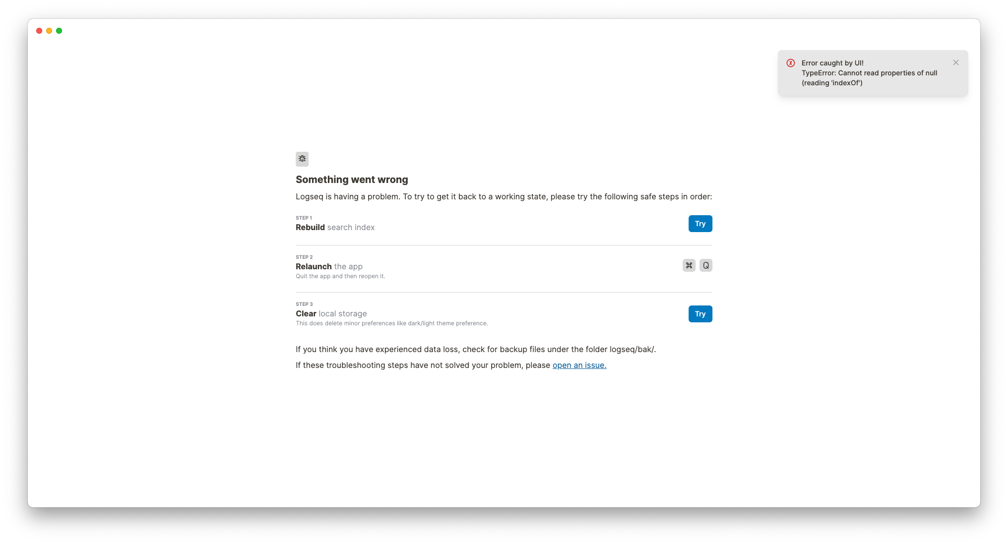 Error caught by UI · Issue #10120 · logseq/logseq · GitHub