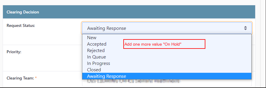 Add a new value 'On Hold' to the Request Status of a CR and add a new filter 'Next/Last 15 days ...