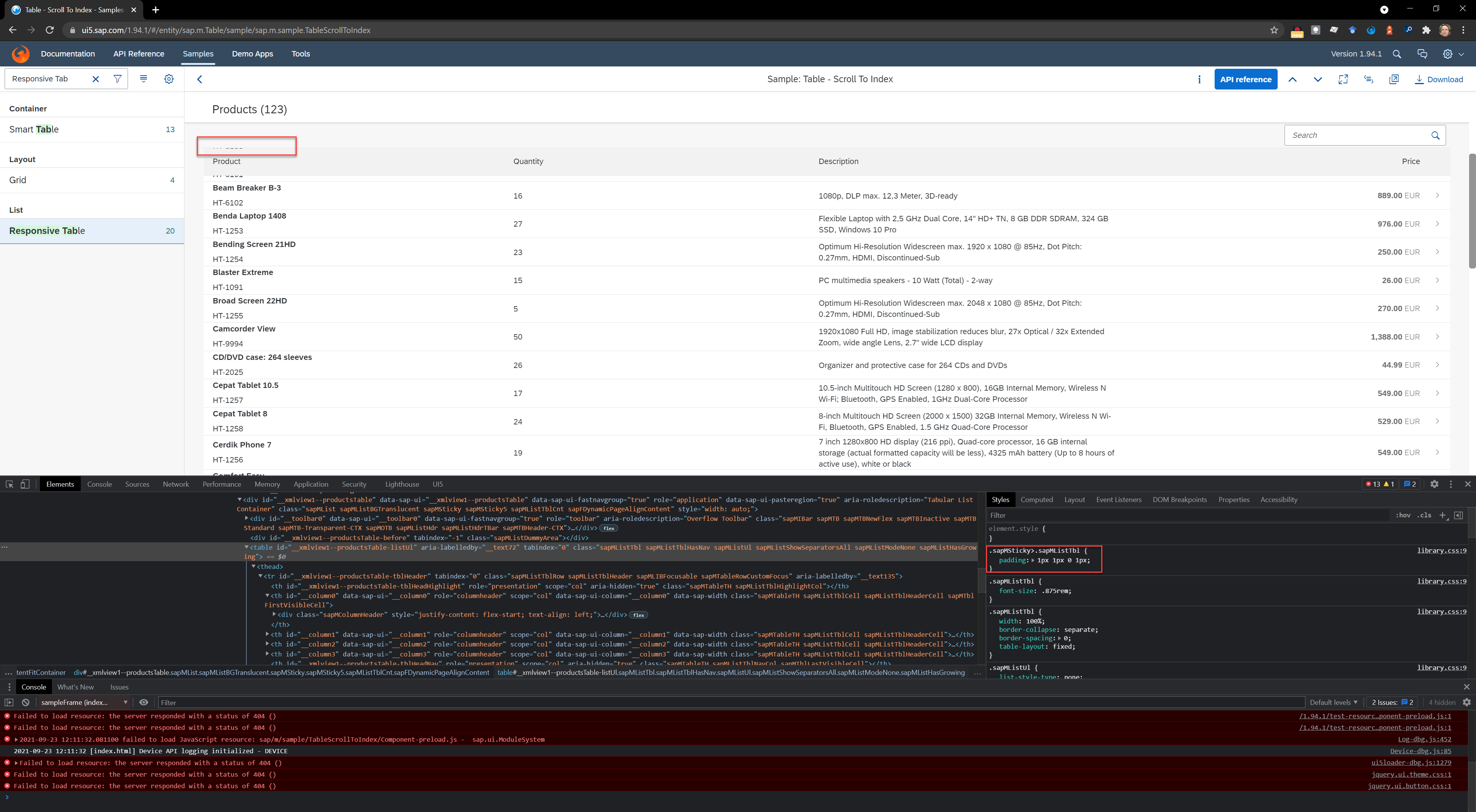 Sap M Table 1px Gap Between Column Headers And Header Toolbar With Sticky Columnheaders