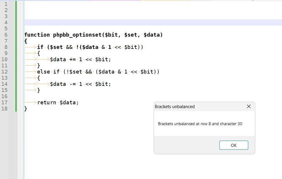Addon falsely alerts in PHP about unclosed parentheses · Issue #15 · niccord/BracketsCheck · GitHub