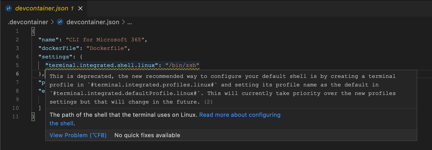 [Codespaces]: Use of `terminal.integrated.shell.linux` is deprecated · Issue #2664 · pnp/cli ...