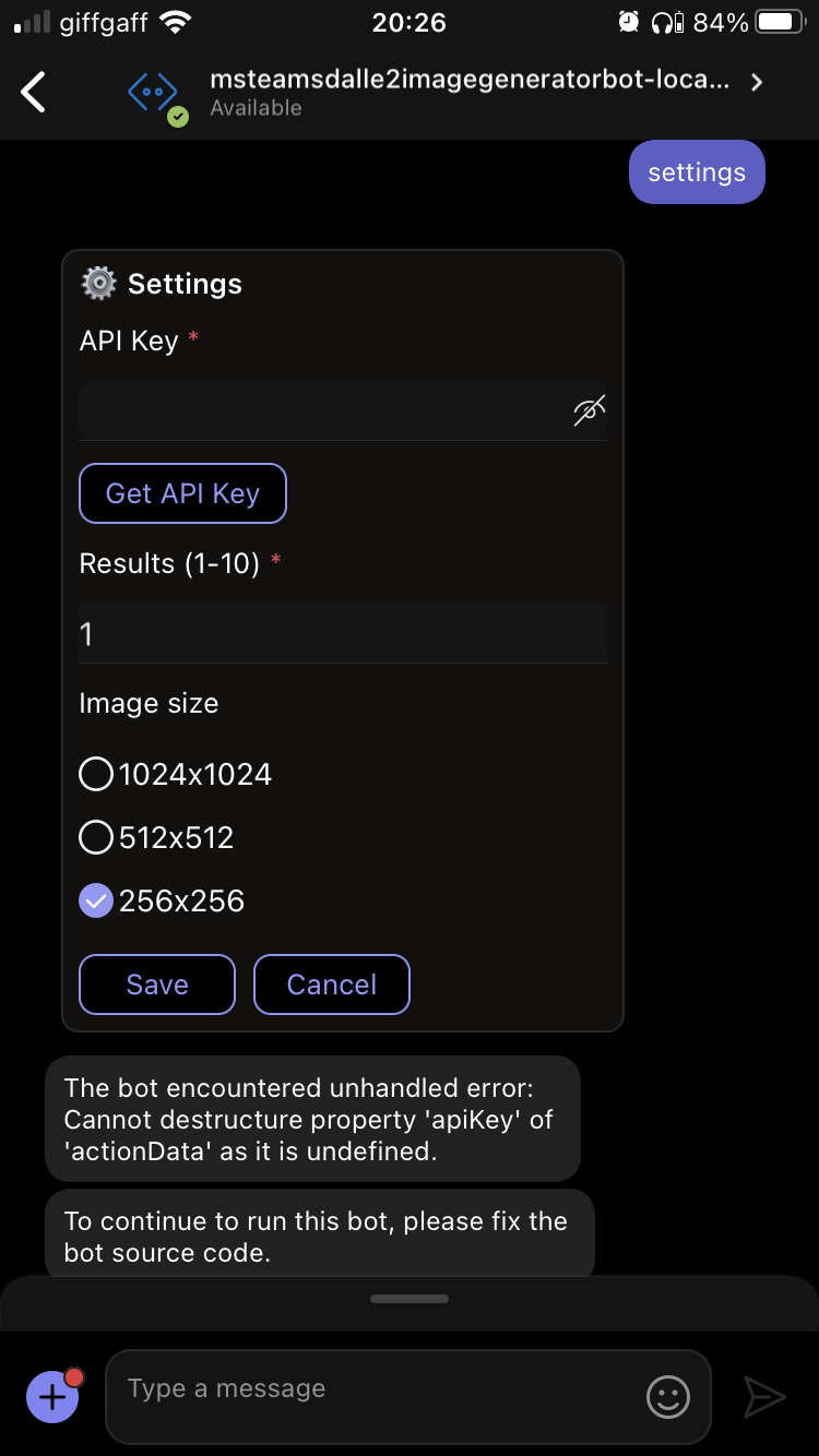 [BUG]: Error thrown submitting settings card on iOS · Issue #22 · garrytrinder/msteams-dalle-2 ...