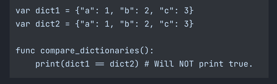 Comparing dictionaries compares values · Issue #67153 · godotengine ...