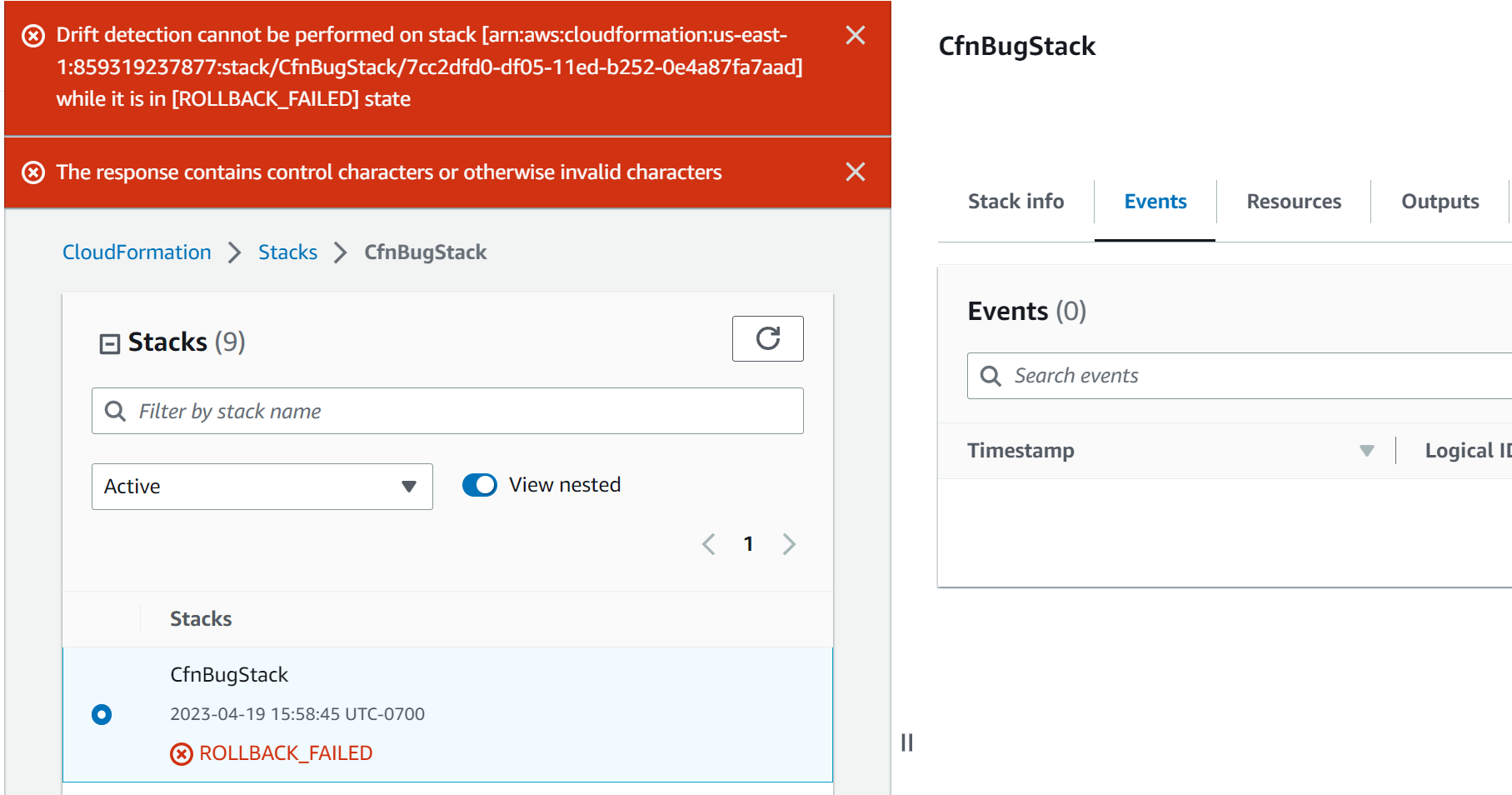 `\x1B` in Reason field of custom resources can break stack (The response contains control ...