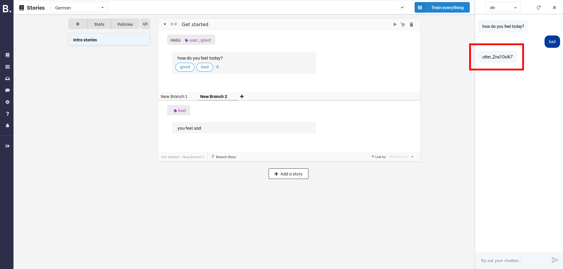 Bot return utter name as message · Issue #529 · botfront/botfront · GitHub