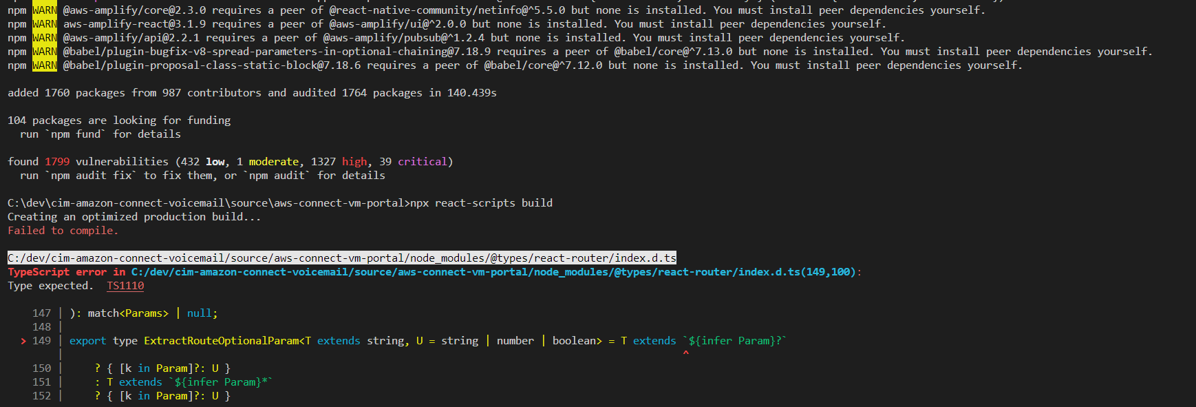 aws-connect-vm-portal - ERESOLVE unable to resolve dependency tree ...