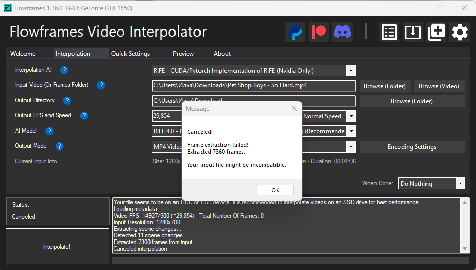 Canceled. Frame extraction failed. · Issue #290 · n00mkrad/flowframes · GitHub