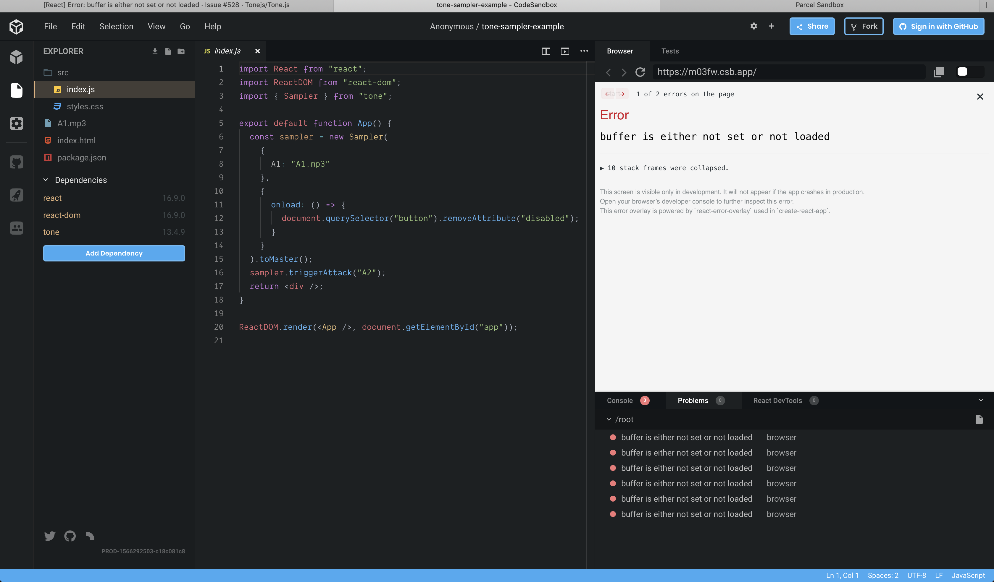 [React] Error: buffer is either not set or not loaded · Issue #528 · Tonejs/Tone.js · GitHub