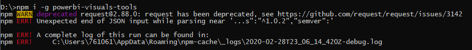 Error while trying to install - Unexpected end of JSON input while parsing near '...s":"^1.0.2 ...