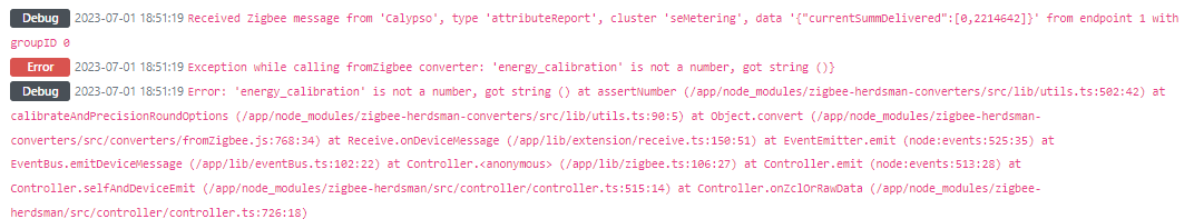 Exception while calling fromZigbee converter: 'energy_calibration' is not a number, got string ...