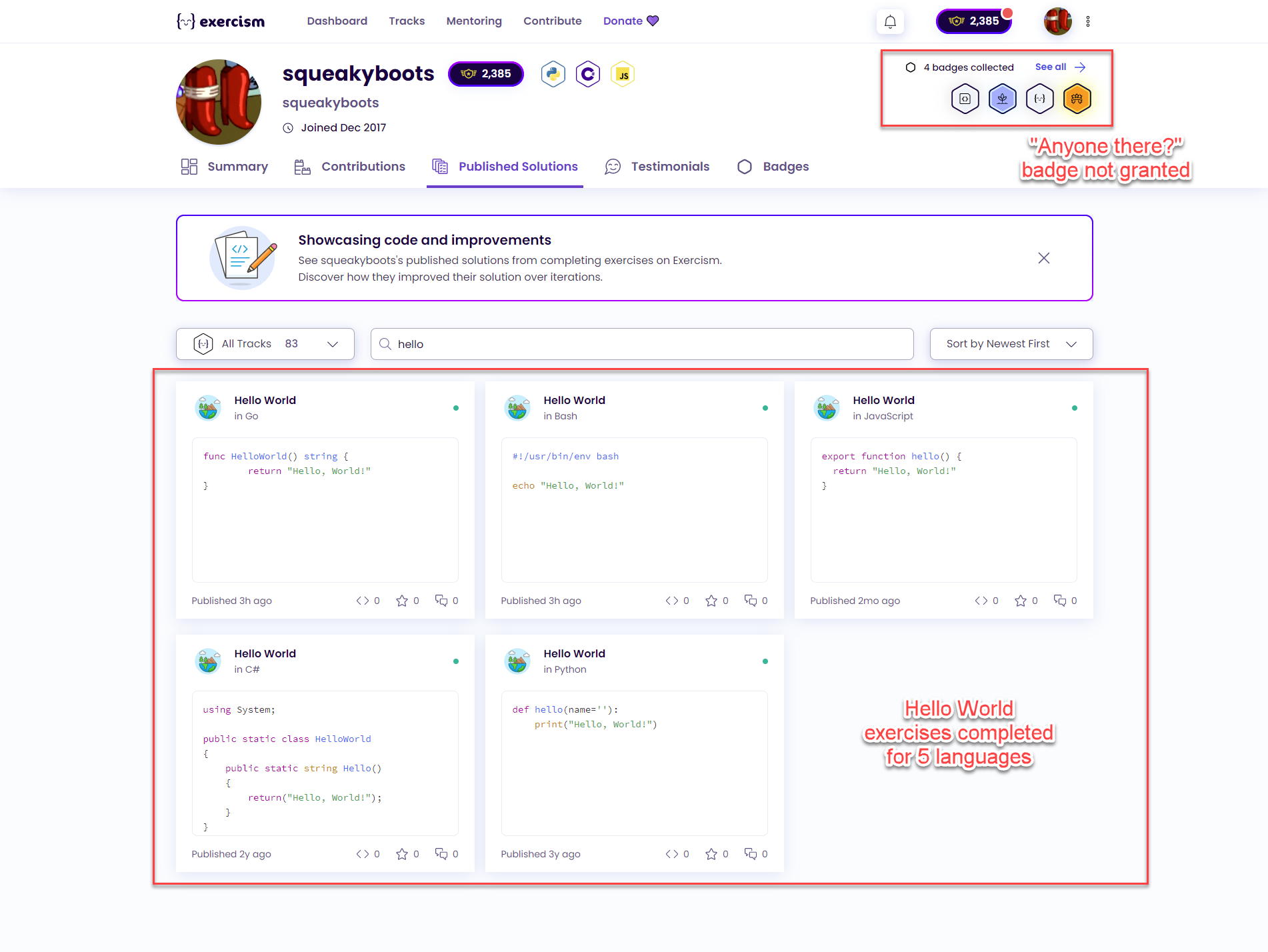 [Badges] "Anybody there?" badge not awarded after completing "Hello ...
