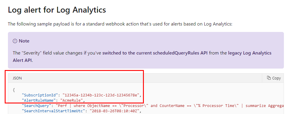 Sample payload for "Log alert for Log Analytics" example is not ...