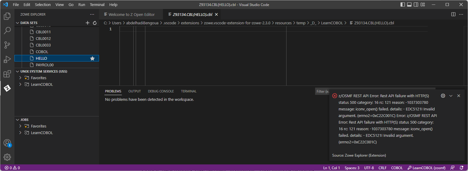 Zowe explorer v2.3.0. cannot open a simple HELLO.cbl ==> z/OSMF REST API Error: Rest API failure ...