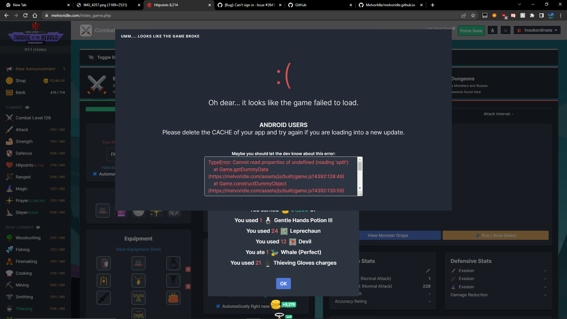 Bug Game Failed To Load · Issue 2645 · Melvoridle · Github 