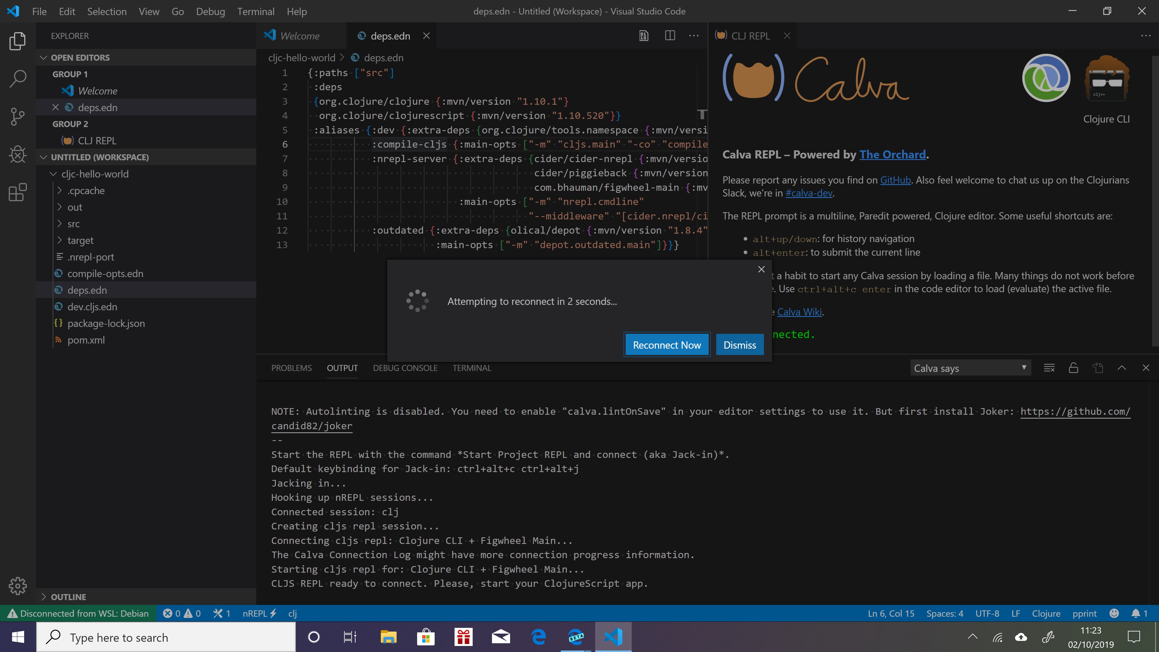 Windows 10 WSL hangs when connecting to nrepl / starting Figwheel Main ...
