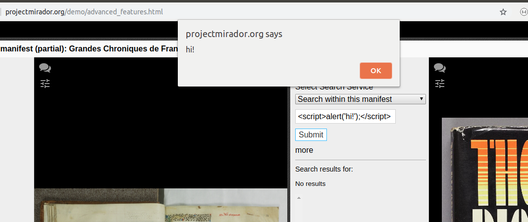 Self-XSS vulnerability in search panel · Issue #1563 · ProjectMirador/mirador · GitHub