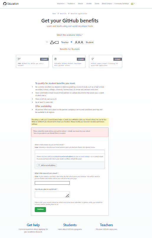 issue preventing me from submitting my github student pack request ...