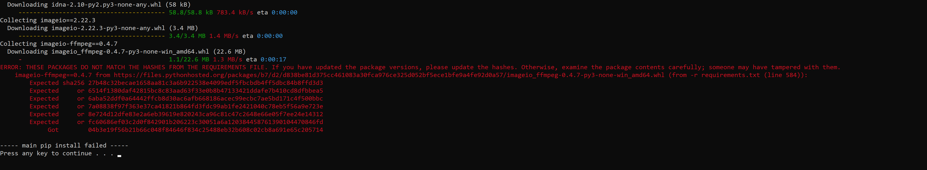 [bug]: Install.bat fails on "ERROR: THESE PACKAGES DO NOT MATCH THE HASHES FROM THE REQUIREMENTS ...