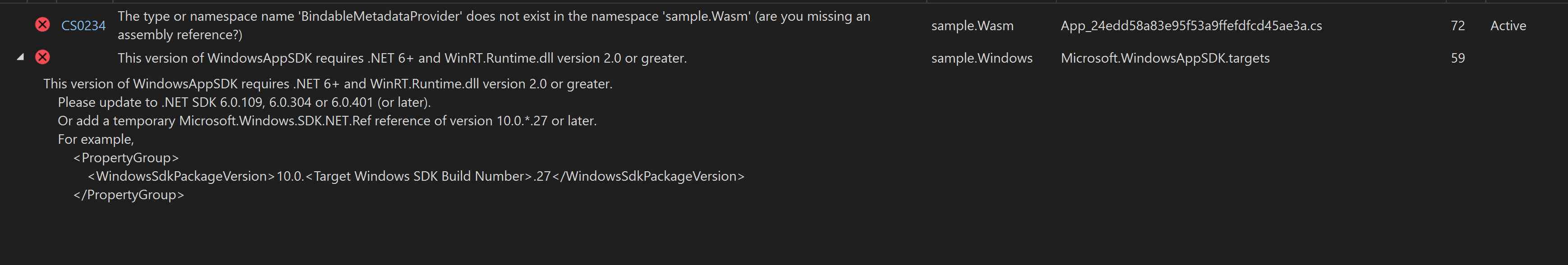 Datagrid Sample Not Working For Winui Microsoftuixamlmarkupxamlparseexception