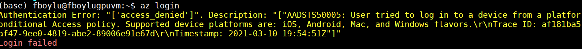 az login fails from Linux: Your sign-in was successful but your admin requires the device ...
