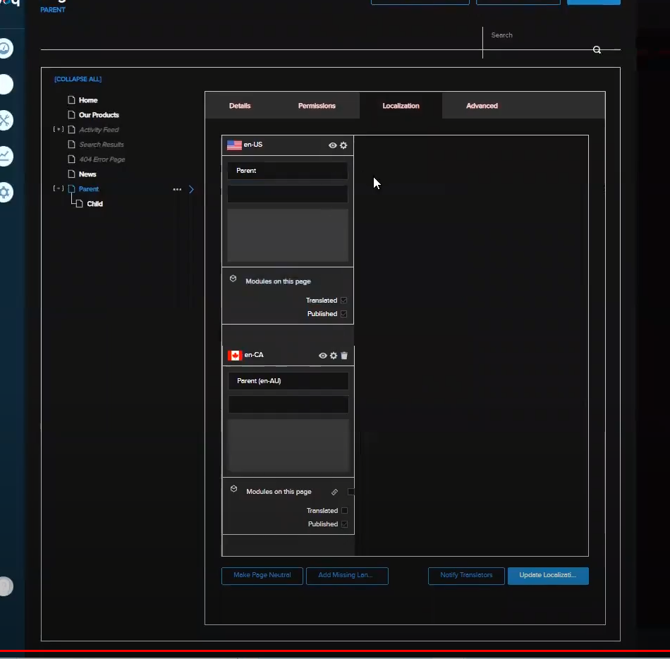 'Add Missing Languages' for child page fails when parent page only has some languages enabled ...