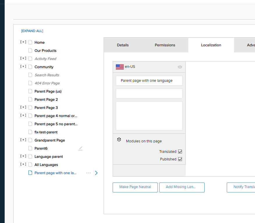 'Add Missing Languages' for child page fails when parent page only has ...