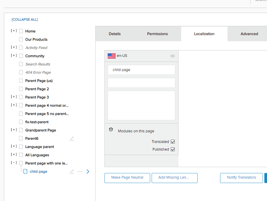 'Add Missing Languages' for child page fails when parent page only has some languages enabled ...