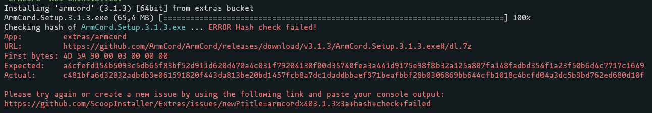 armcord@3.1.3: hash check failed · Issue #10115 · ScoopInstaller/Extras · GitHub