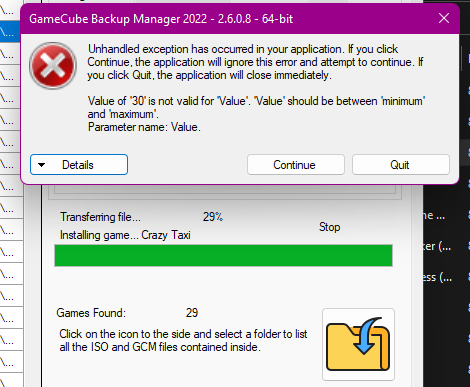 Unhandled exception when transferring ISOs · Issue #79 · AxionDrak/GameCube-Backup-Manager · GitHub
