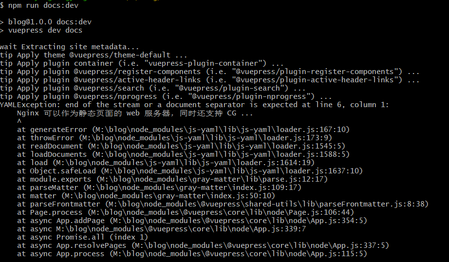 .md文件放到对应目录后，启动npm run docs:dev报YAMLException · Issue #3183 · vuejs/vuepress · GitHub