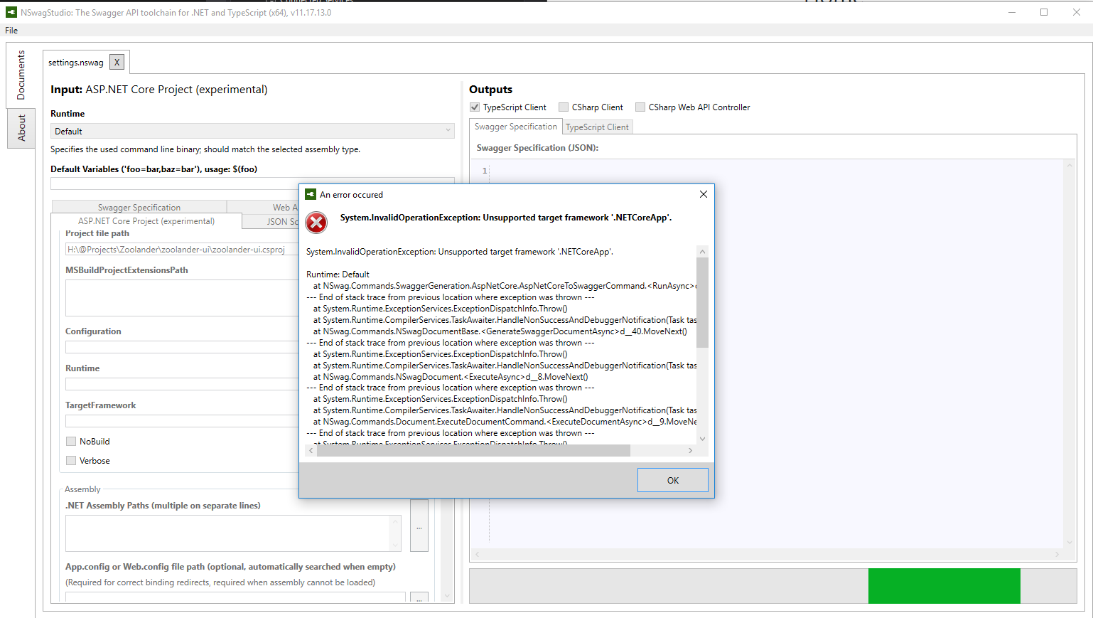 NSwagStudio: System.InvalidOperationException: Unsupported target framework '.NETCoreApp ...