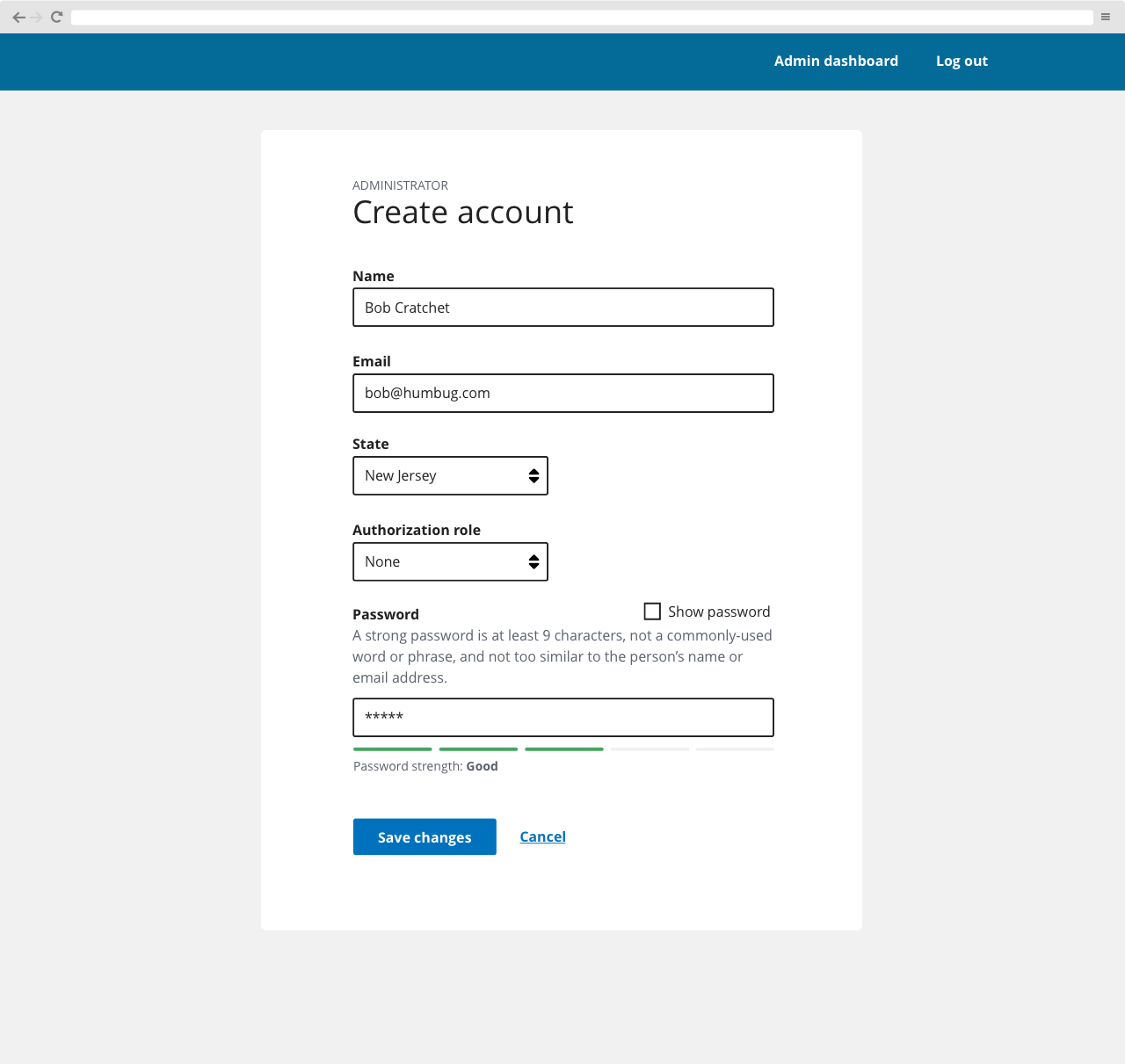 Implement frontend styling for editing and managing user accounts using CMS Design system ...
