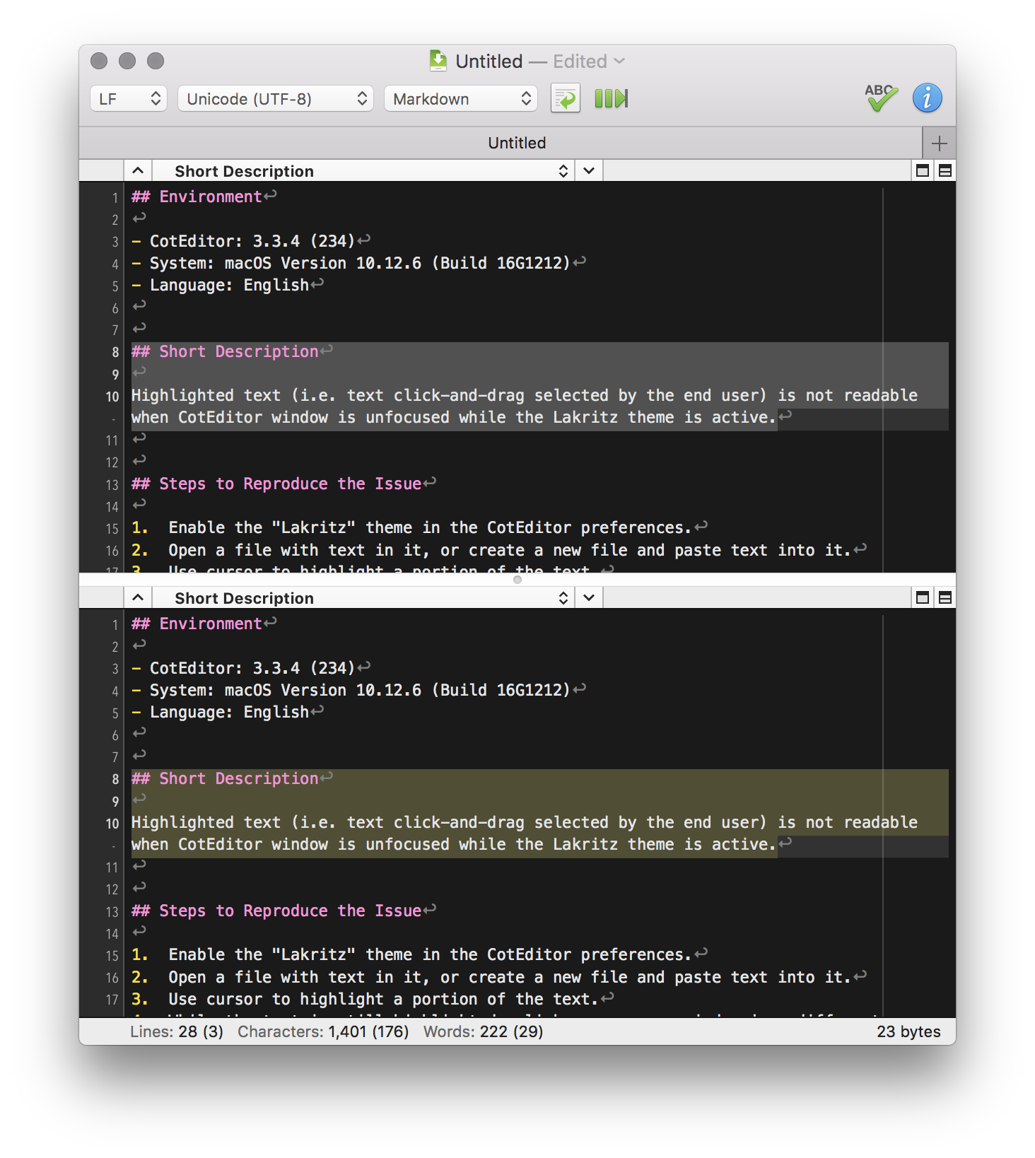 Highlighted text unreadable with Lakritz theme if window unfocused ...