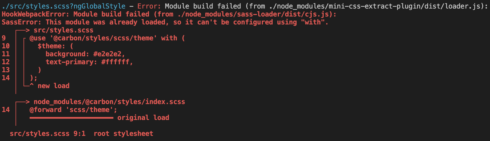 [Bug]: configuration with "with" not allowed while using @carbon/styles/themes with @carbon ...