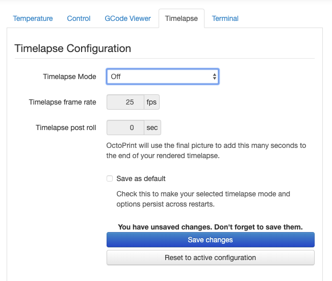 Timelapse settings are reverted after restart · Issue #3302 · OctoPrint ...