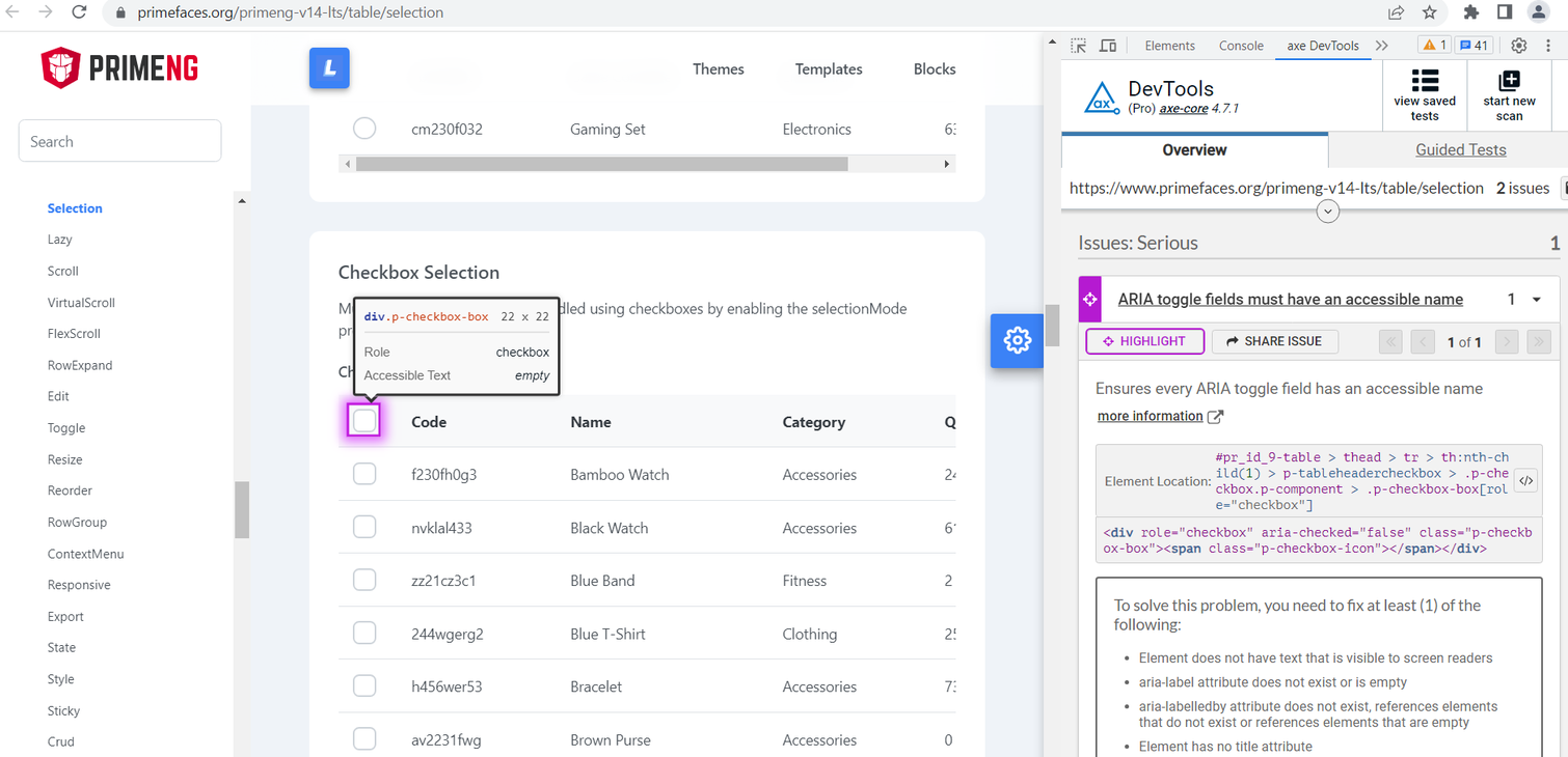 Component P Tablecheckbox And P Tableheadercheckbox Accessibility Issue · Issue 13230