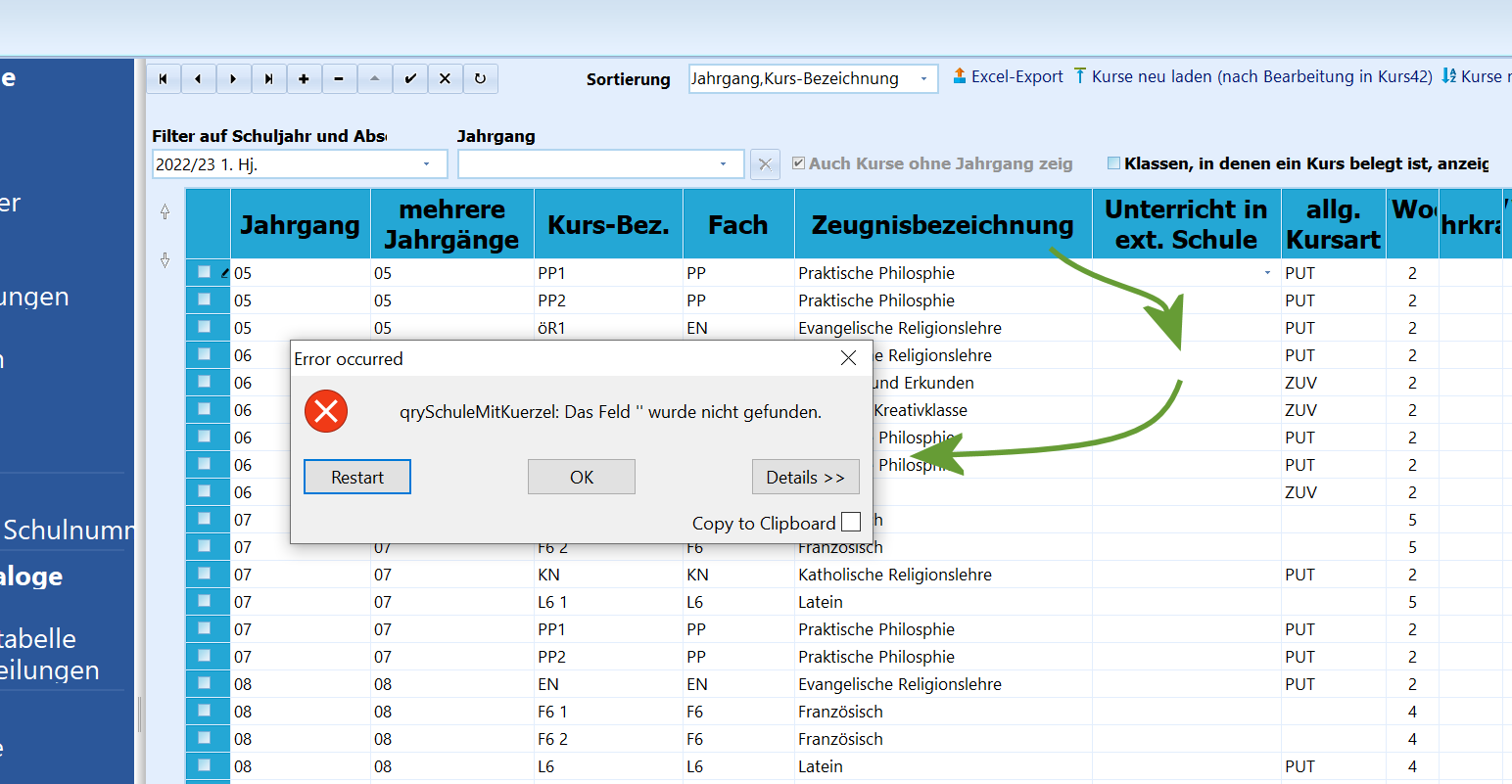 Kurse -> Doppelklick auf das Feld "Unterricht in ex. Schule" führt zu Fehlermeldung · Issue #460 ...