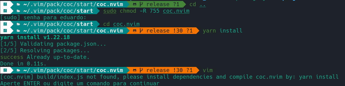 [coc.nvim] build/index.js not found, please install dependencies and compile coc.nvim by: yarn ...