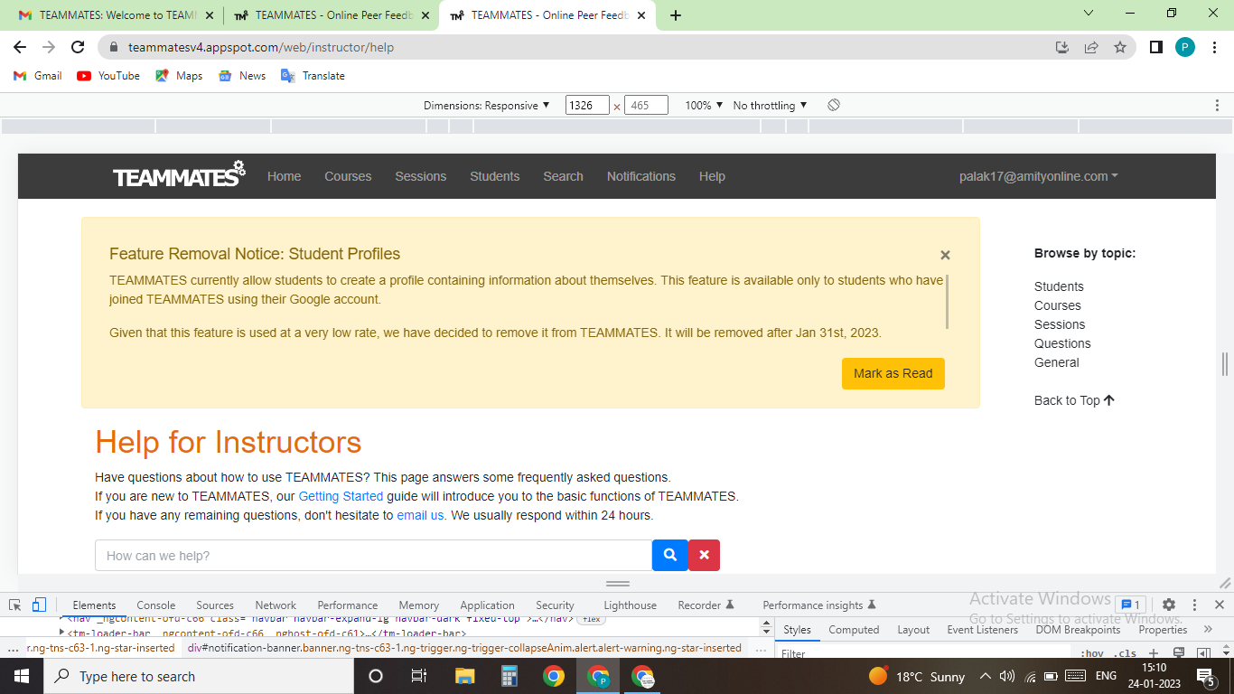 Notifications box overlaps with the page menu in the instructor help ...