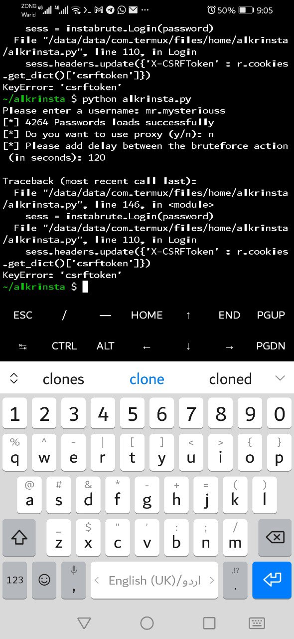 [instagram] An unexpected error occurred: KeyError - "name='csrftoken', domain=None, path=None ...
