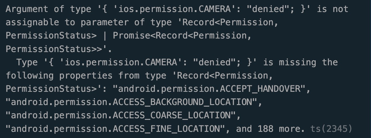 Using jest.spyOn on checkMultiple results in typescript error when not adding ALL permissions as ...