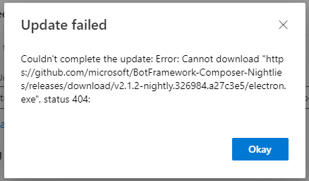 Update failed · Issue #9228 · microsoft/BotFramework-Composer · GitHub