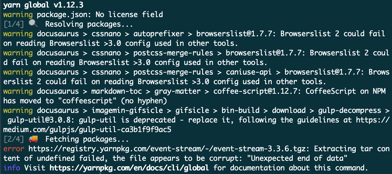 Error on adding docusaurus package using yarn. · Issue #1142 · facebook/docusaurus · GitHub