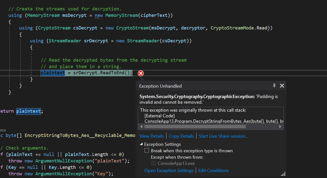 RecyclableMemoryStream is closed after GZip and CryptoStream dispose/close but native ...