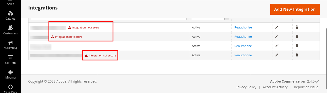 Integration Not Secure Warning Showing In List Of Integration If Field Values Of Callback