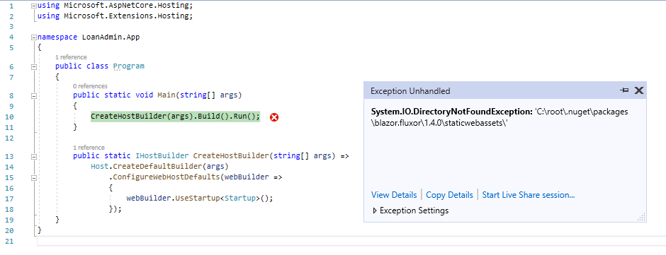 Blazor Server: CreateHostBuilder crashes intermittently for a given ...