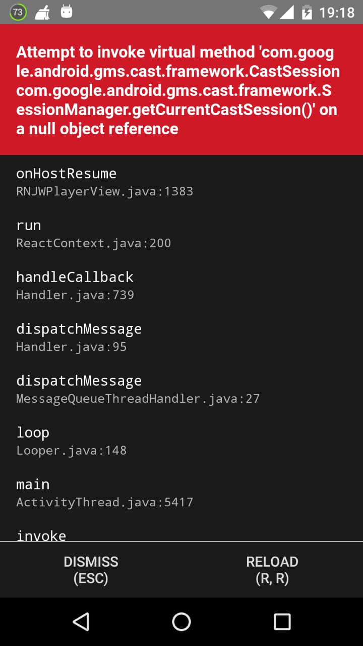 Attempt to invoke virtual method 'com...SessionManager.getCurrentCastSession()' on a null object ...