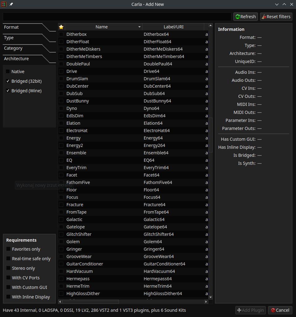 Carla 2.5.0 on Linux does not display Wine Windows VST plugins in Add New menu. · Issue #1650 ...